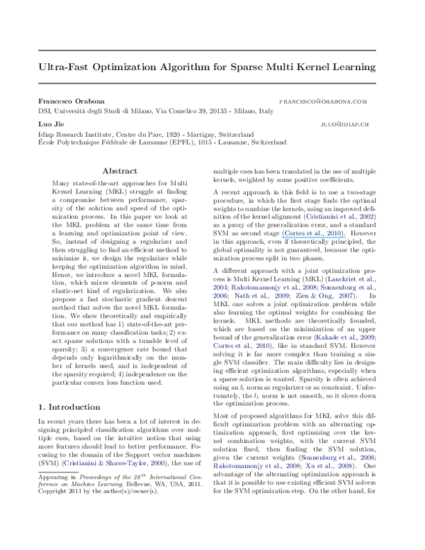 (PDF) Ultra-fast optimization algorithm for sparse multi kernel learning