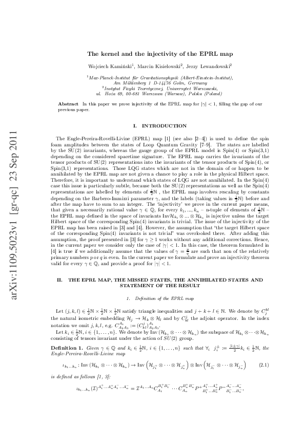 (PDF) The kernel and the injectivity of the EPRL map