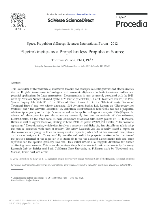 (PDF) Electrokinetics as a Propellantless Propulsion Source