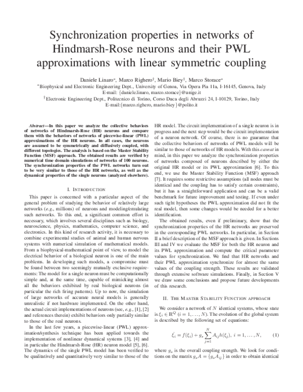 (PDF) Synchronization properties in networks of Hindmarsh-Rose neurons and their PWL ...