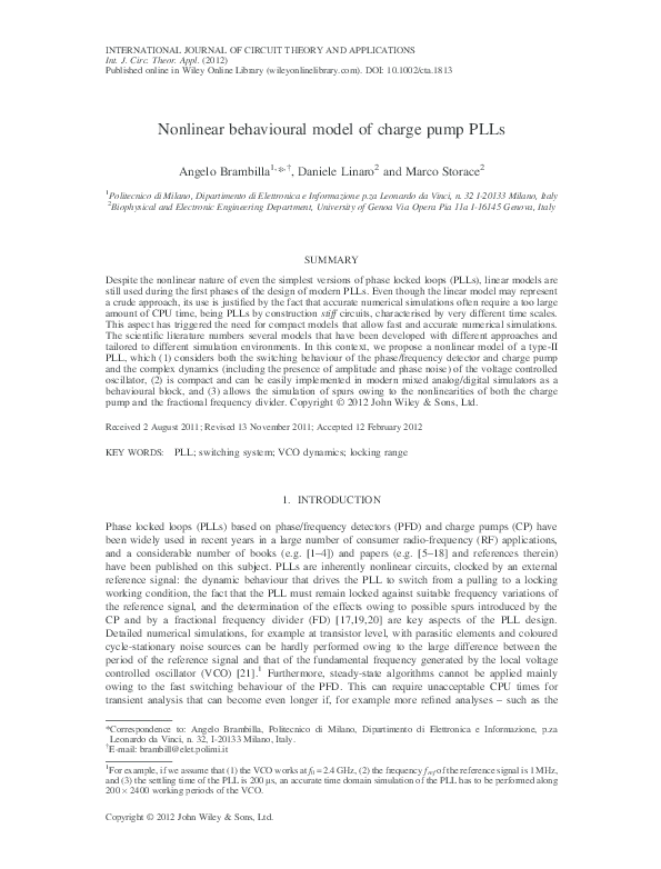 (PDF) Nonlinear behavioural model of charge pump PLLs