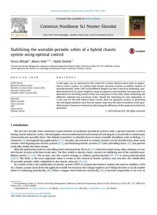 (PDF) Stabilizing the unstable periodic orbits of a hybrid chaotic system using optimal control