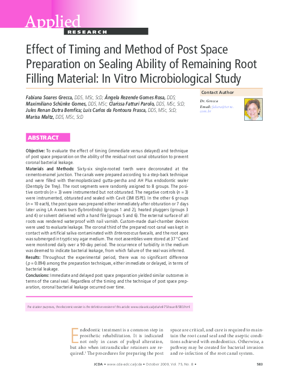 Pdf Effect Of Timing And Method Of Post Space Preparation On Sealing Ability Of Remaining Root