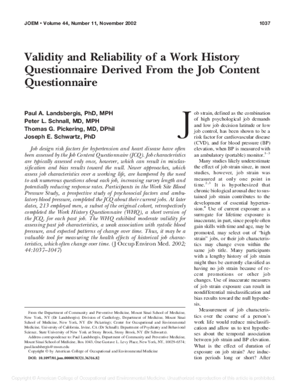 (PDF) Validity and Reliability of a Work History Questionnaire Derived ...