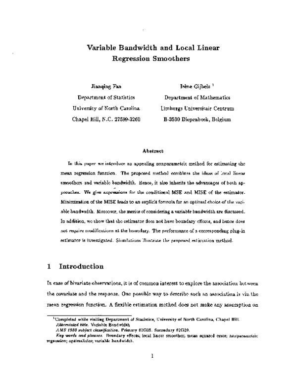 Pdf Variable Bandwidth And Local Linear Regression Smoothers