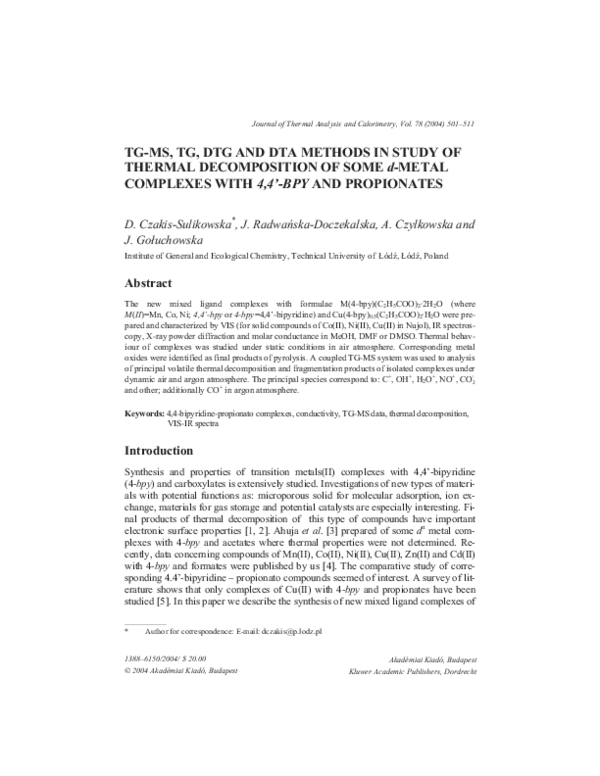 (PDF) TG-MS, TG, DTG AND DTA METHODS IN STUDY OF THERMAL DECOMPOSITION ...