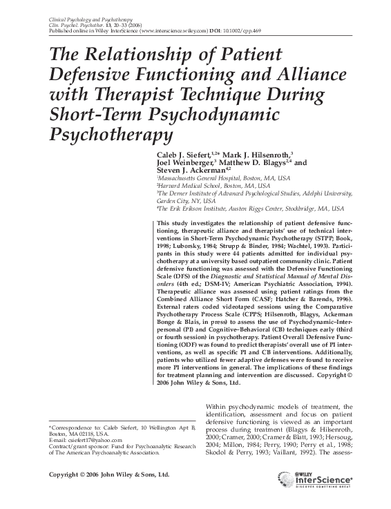 (PDF) The relationship of patient defensive functioning and alliance ...