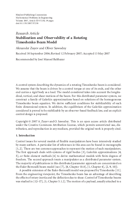 (PDF) Stabilization and Observability of a Rotating Timoshenko Beam Model