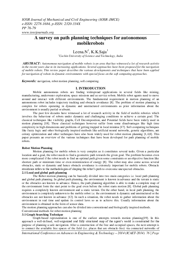 (PDF) A survey on path planning techniques for autonomous mobilerobots