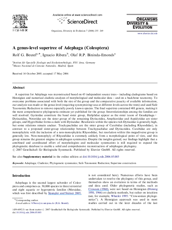 (PDF) A genus-level supertree of Adephaga (Coleoptera) | Olaf Bininda ...