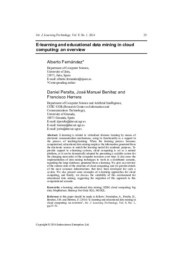 (PDF) E-learning and educational data mining in cloud computing: an overview