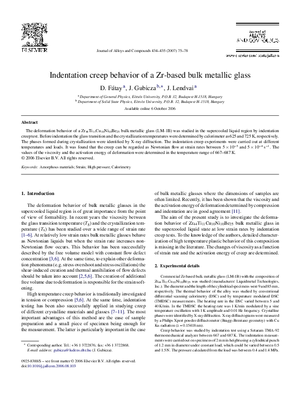 (PDF) Indentation creep behavior of a Zr-based bulk metallic glass