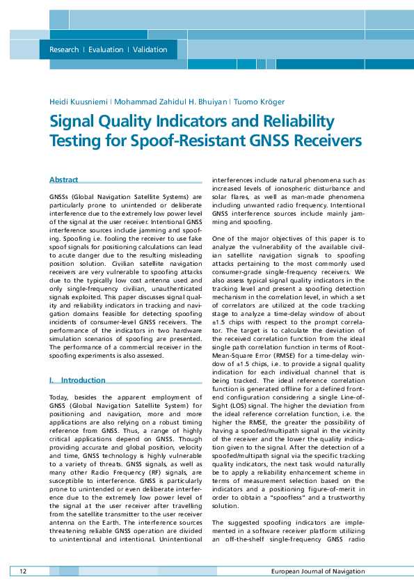 (PDF) Signal Quality Indicators and Reliability Testing for Spoof ...