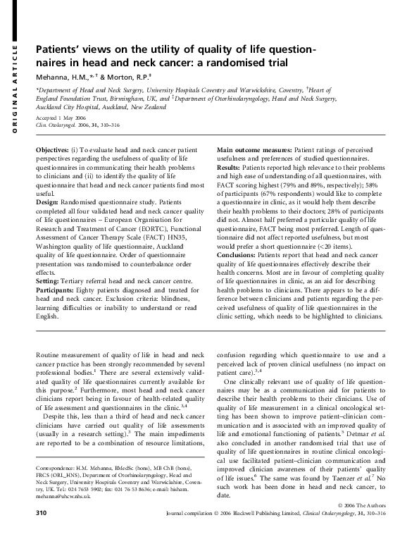 (PDF) Patients' views on the utility of quality of life questionnaires in head and neck cancer ...