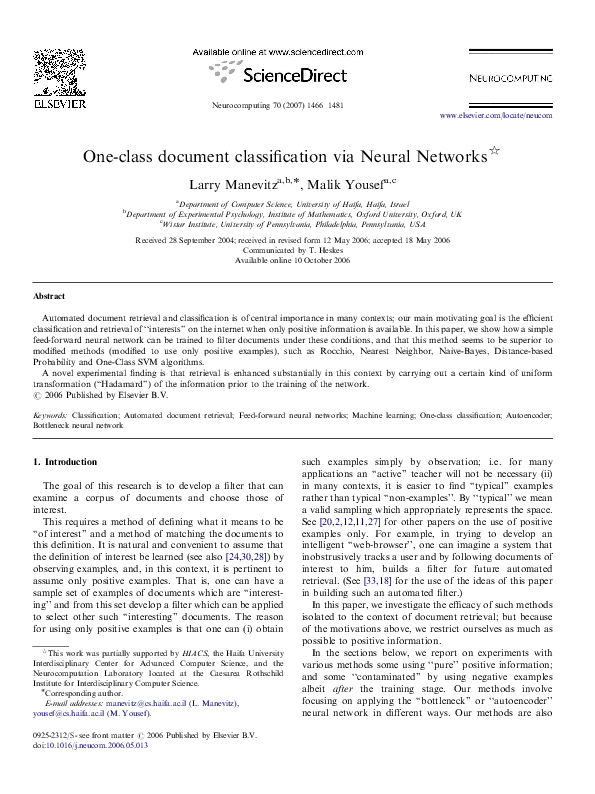 Pdf One Class Document Classification Via Neural Networks Larry Manevitz