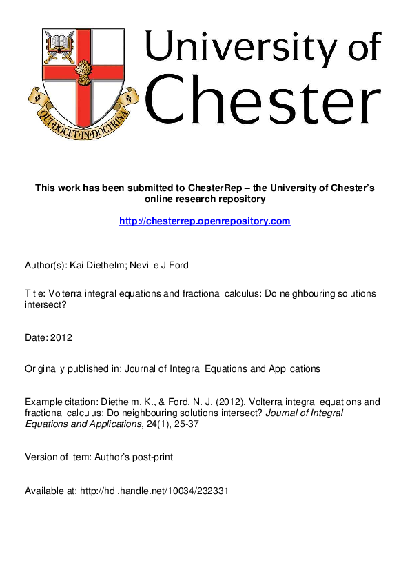 Pdf Volterra Integral Equations And Fractional Calculus Do Neighboring Solutions Intersect