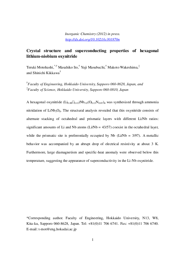 Pdf Crystal Structure And Superconducting Properties Of Hexagonal Lithiumniobium Oxynitride