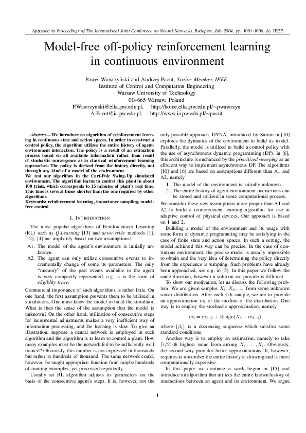 (PDF) Model-free off-policy reinforcement learning in continuous environment