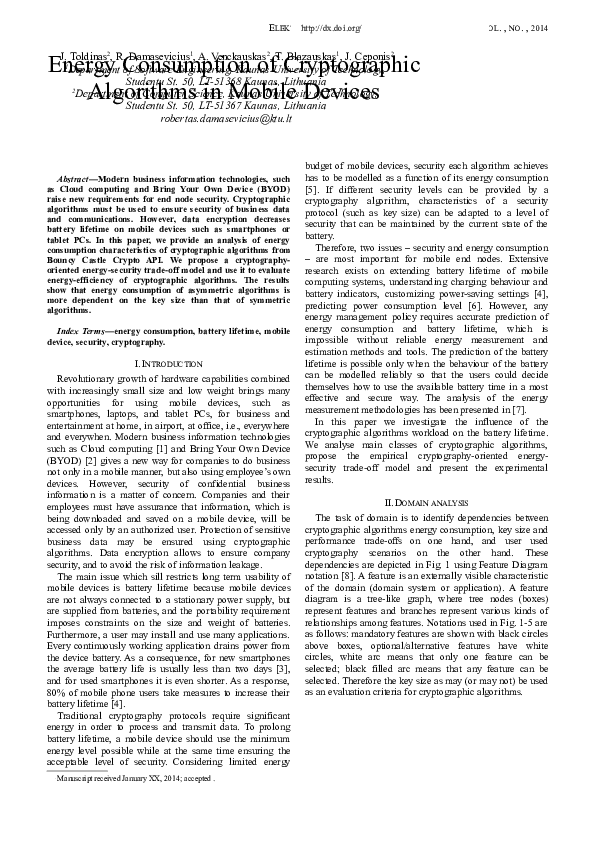 Doc Energy Consumption Of Cryptographic Algorithms In Mobile Devices