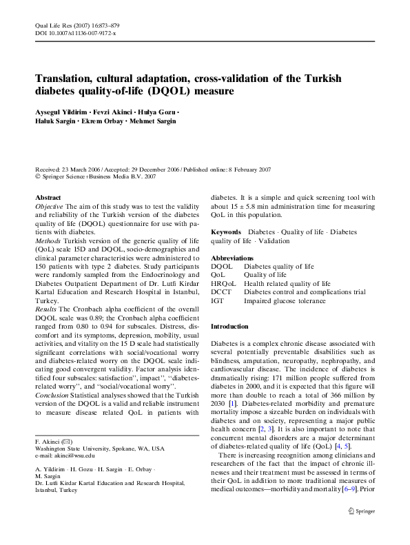 (PDF) Translation, cultural adaptation, cross-validation of the Turkish ...