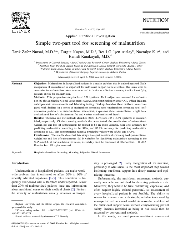 (PDF) Simple two-part tool for screening of malnutrition