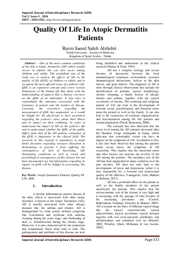 (PDF) Quality Of Life In Atopic Dermatitis Patients
