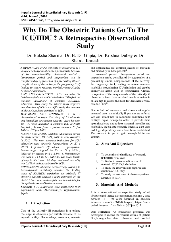 (PDF) Why Do The Obstetric Patients Go To The ICU/HDU ? A Retrospective ...