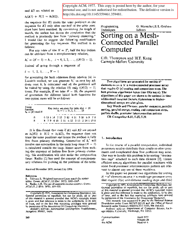 Pdf Sorting On A Mesh Connected Parallel Computer