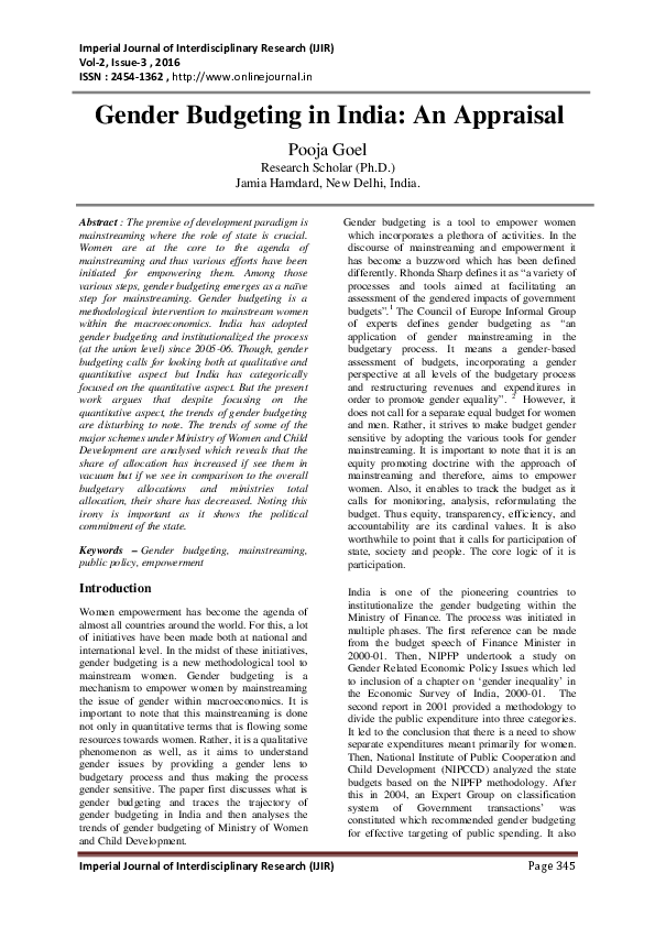 (PDF) Gender Budgeting in India: An Appraisal