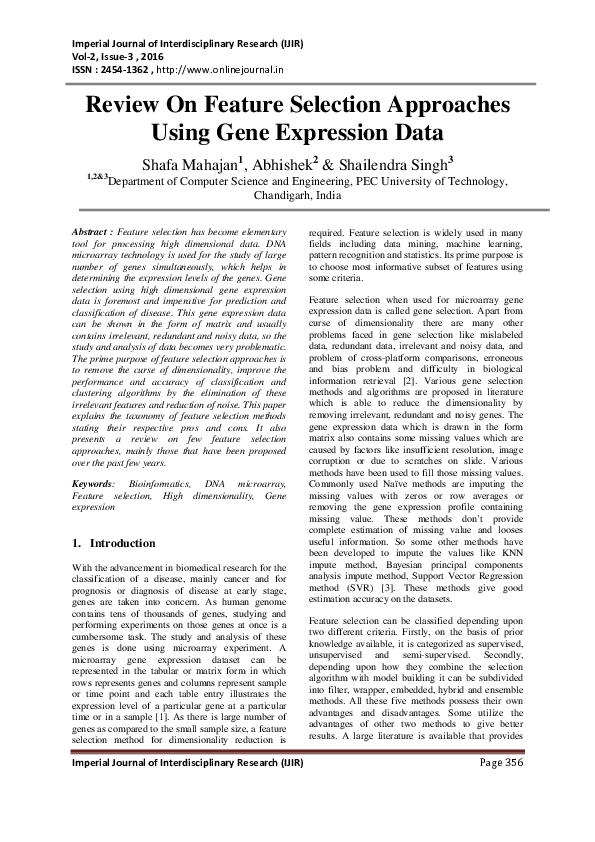 Pdf Review On Feature Selection Approaches Using Gene Expression Data