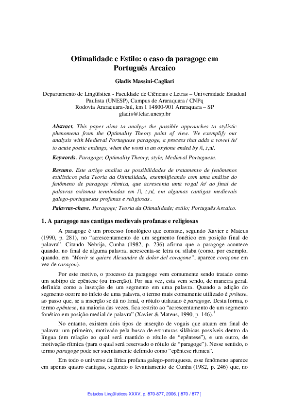 (PDF) Otimalidade e Estilo: o caso da paragoge em Português Arcaico