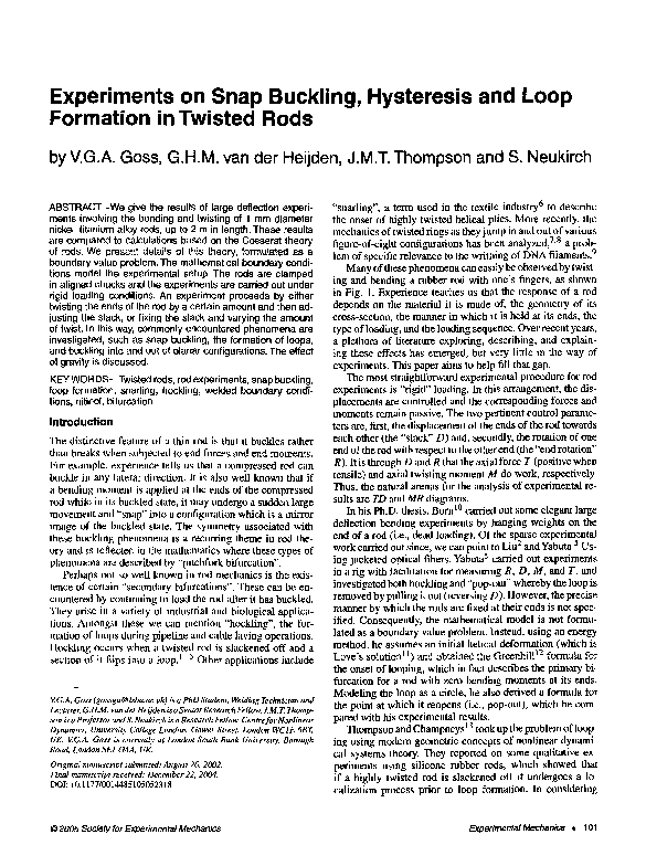 (PDF) Experiments on Snap Buckling, Hysteresis and Loop Formation in ...