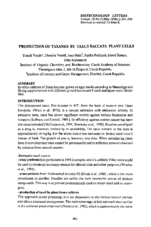 (PDF) Production of taxanes by Taxus baccata plant cells