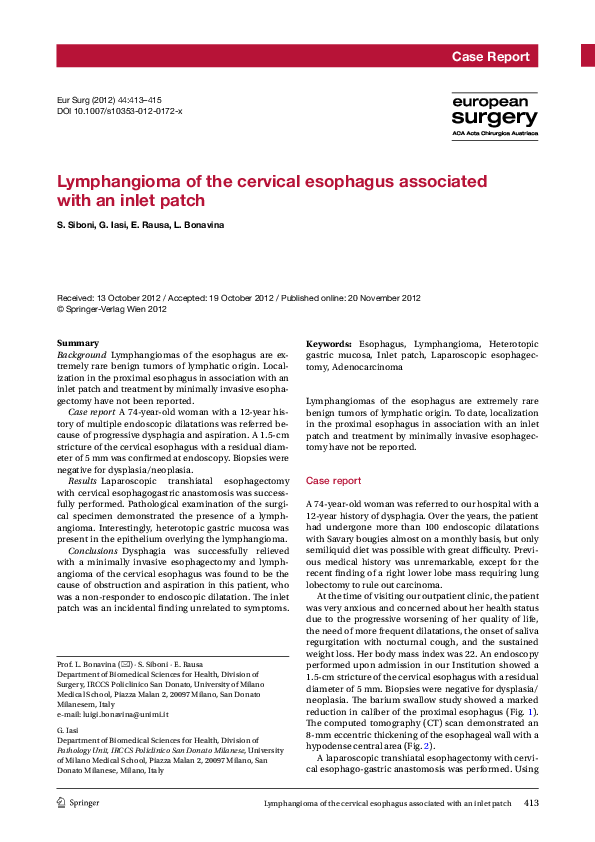 (PDF) Lymphangioma of the cervical esophagus associated with an inlet patch