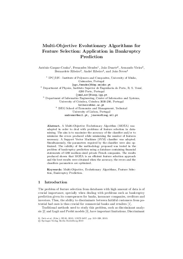 Pdf Multi Objective Evolutionary Algorithms For Feature Selection Application In Bankruptcy