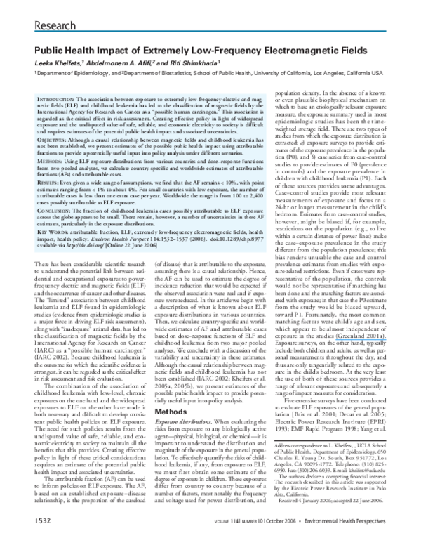 (PDF) Public Health Impact of Extremely Low-Frequency Electromagnetic Fields