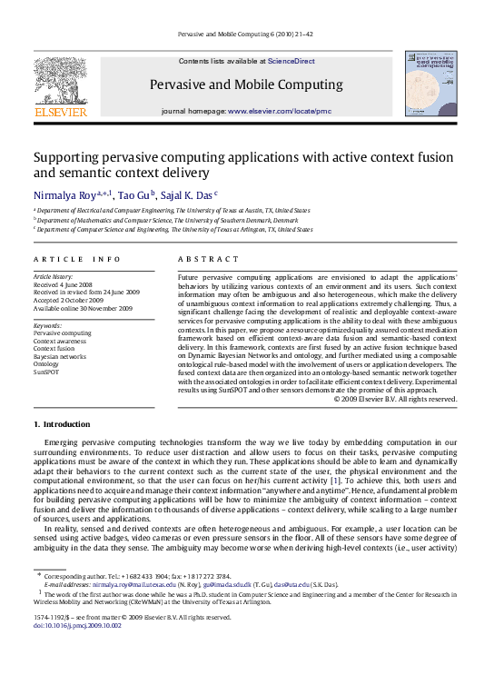 Pdf Active Context Fusion For Pervasive Computing