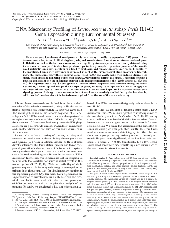 Pdf Dna Macroarray Profiling Of Lactococcus Lactis Subsp Lactis