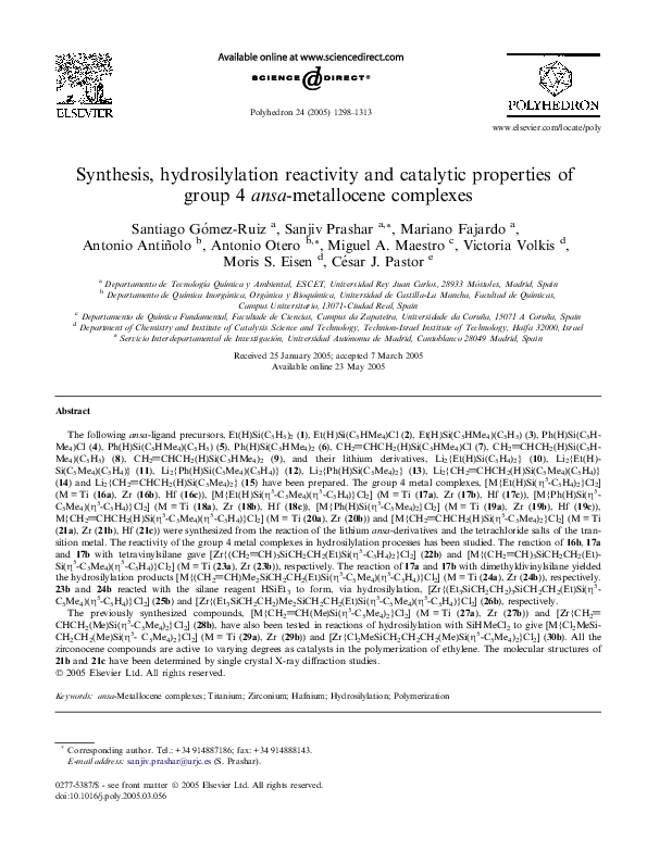 (PDF) Synthesis, hydrosilylation reactivity and catalytic properties of ...