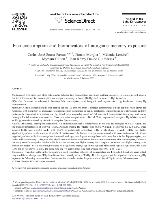 (PDF) Fish consumption and bioindicators of inorganic mercury exposure