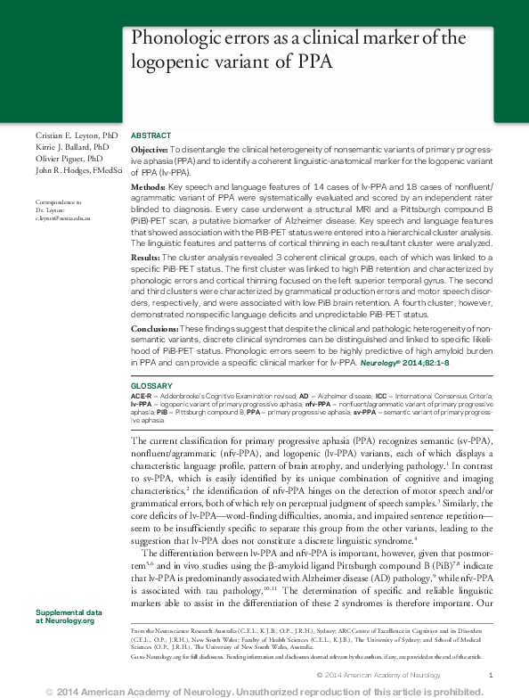 (PDF) Phonologic errors as a clinical marker of the logopenic variant ...