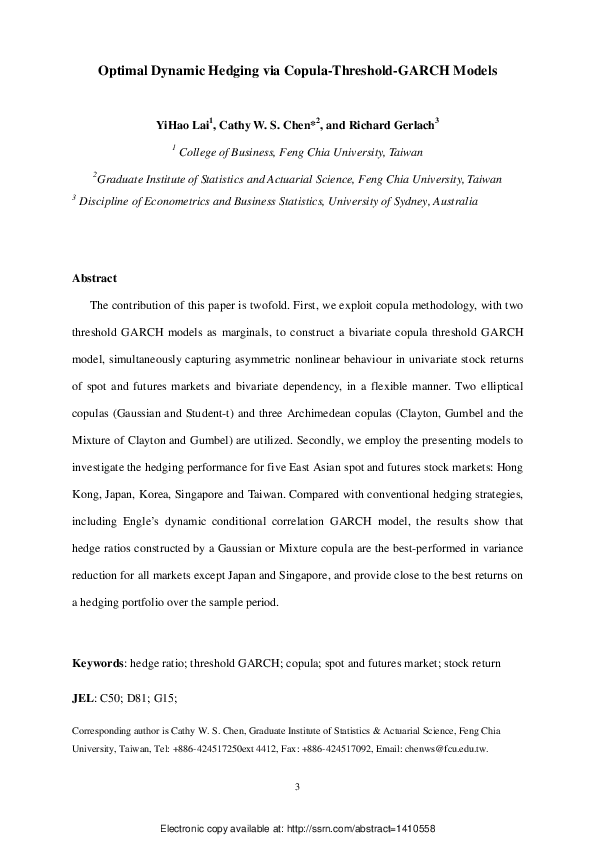 (PDF) Optimal Dynamic Hedging via Copula-Threshold-GARCH Models