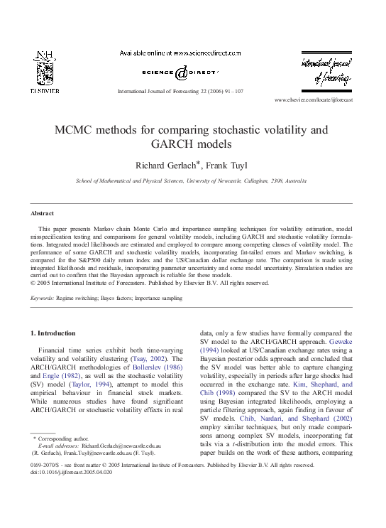 Pdf Mcmc Methods For Comparing Stochastic Volatility And Garch Models Richard Gerlach And