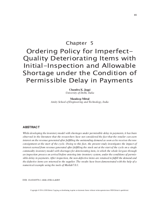 Pdf Ordering Policy For Imperfect Quality Deteriorating Items With Initial Inspection And