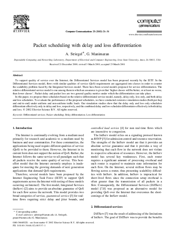 Pdf Packet Scheduling With Delay And Loss Differentiation Aaron Striegel