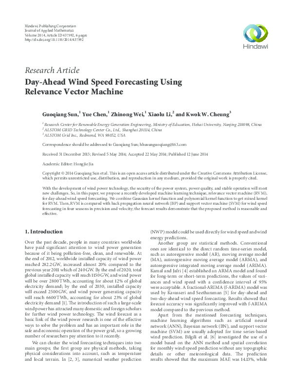 (PDF) Day-Ahead Wind Speed Forecasting Using Relevance Vector Machine