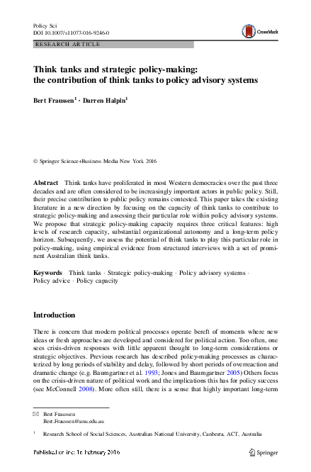 (PDF) Think tanks and strategic policy-making: the contribution of ...