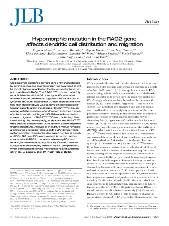 (PDF) Hypomorphic mutation in the RAG2 gene affects dendritic cell ...