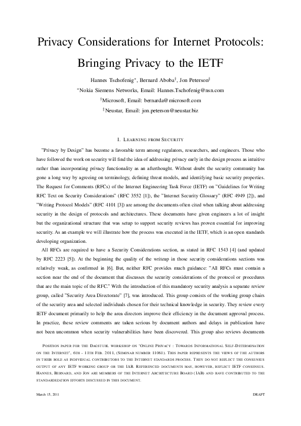 (PDF) Privacy Considerations for Internet Protocols