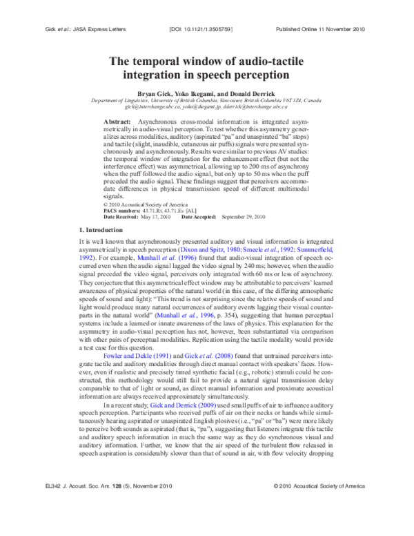 (PDF) The temporal window of audio-tactile integration in speech perception
